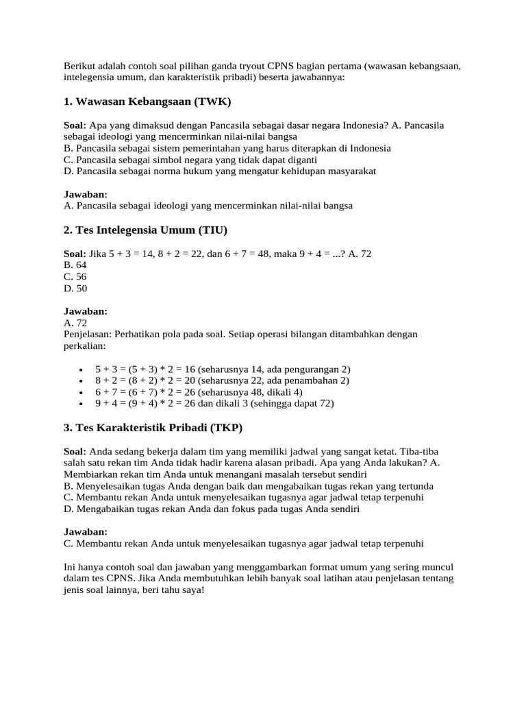 Berikut Adalah Contoh Soal Pilihan Ganda Tryout CPNS Bagian Pertama | PDF