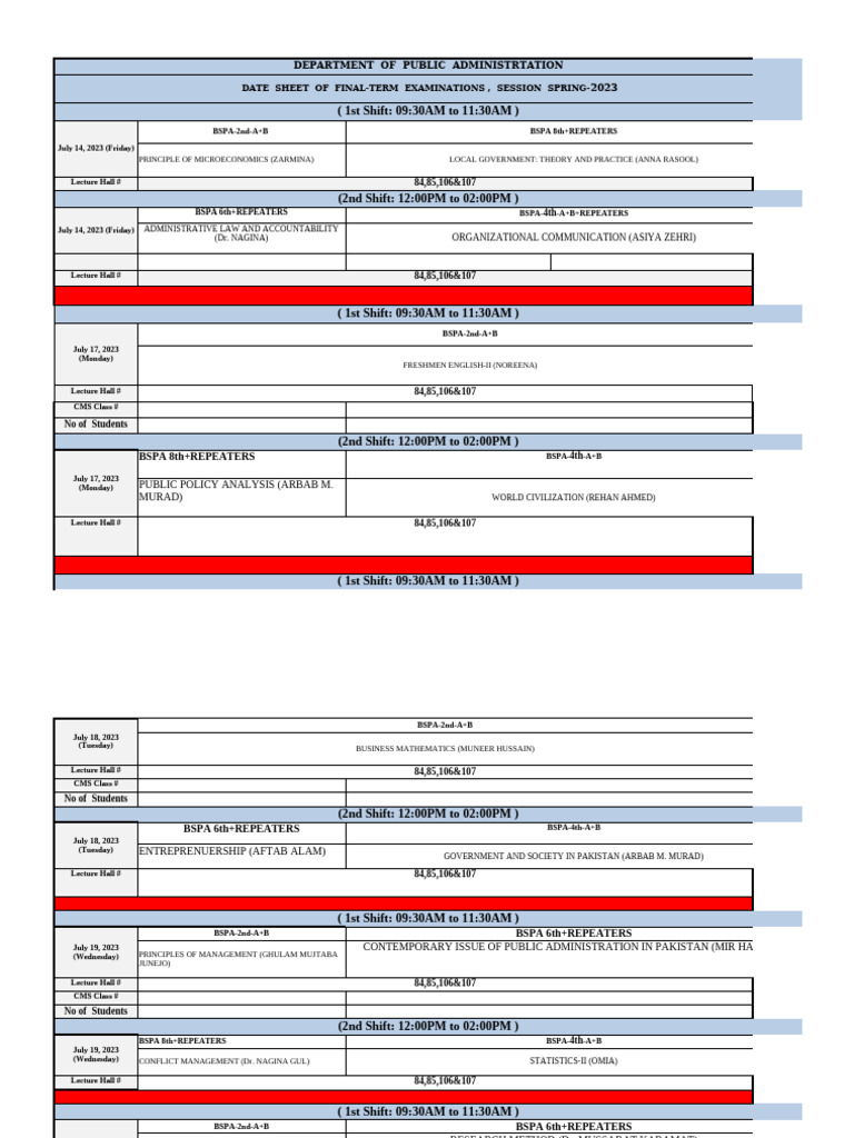Final Term Date Sheet Pa Spring 2023 (Final Version) | PDF