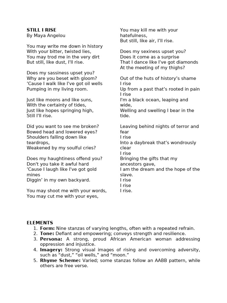 Maya Angelou's "Still I Rise": Resilience Poem | PDF