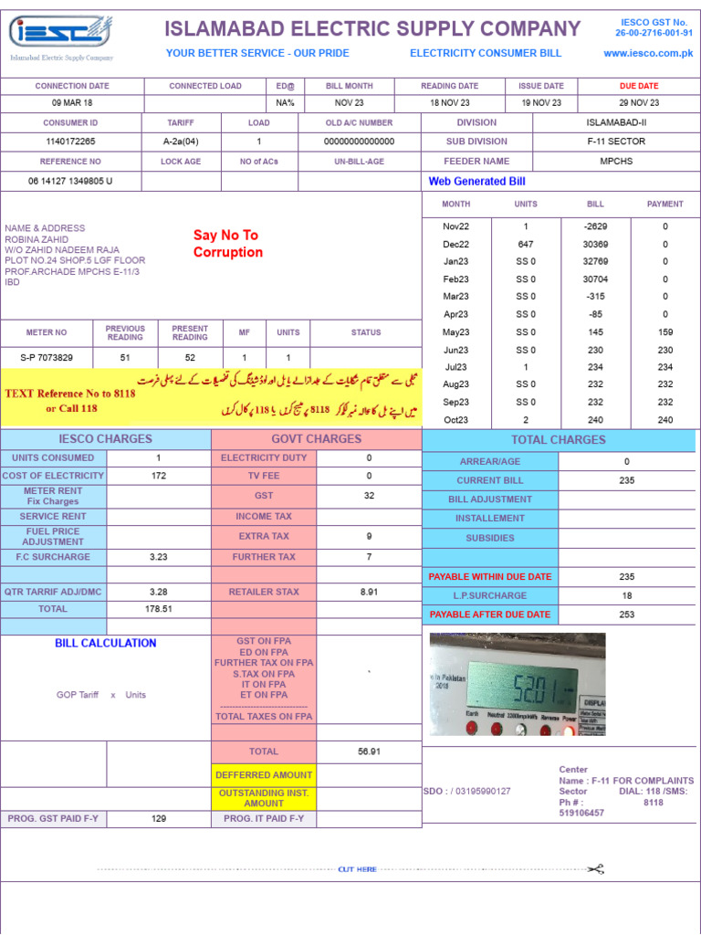 IESCO Electricity Bill for Nov 2023 | PDF | Taxes | Value Added Tax