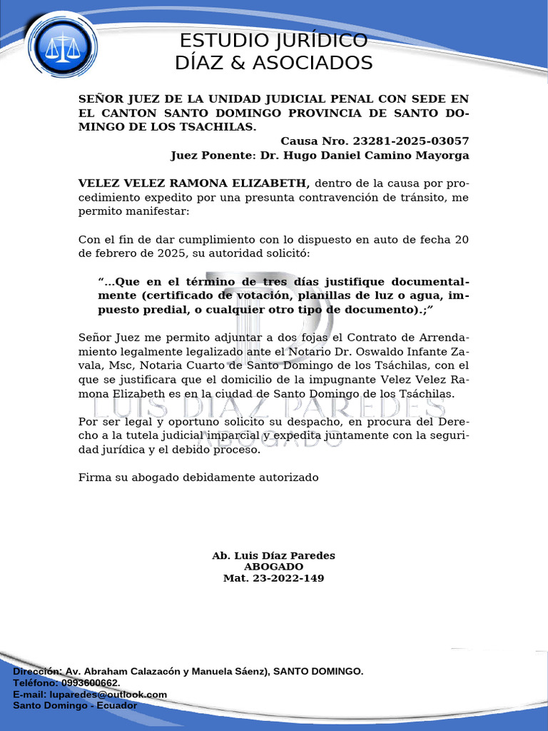 Escrito Justificar Domicilio - Velez Velez Ramona Elizabeth - 2025-03057 | PDF