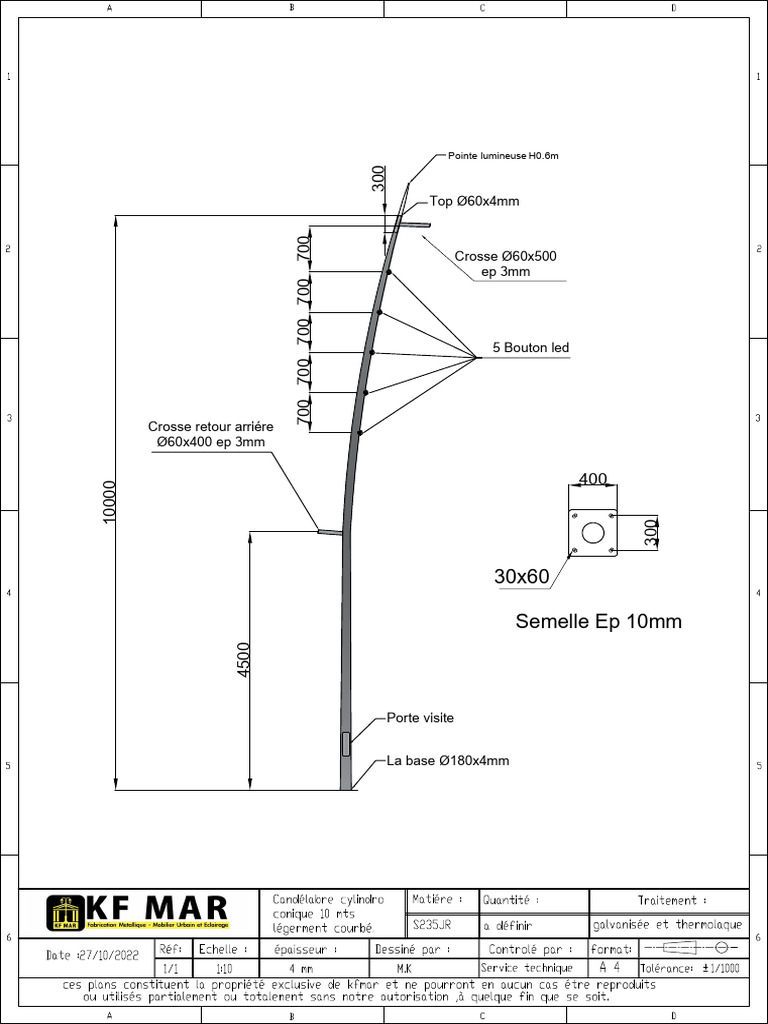 Candélabre Cylandro Conique 10 Mts Légerment Courbé Avec Bouton Led | PDF