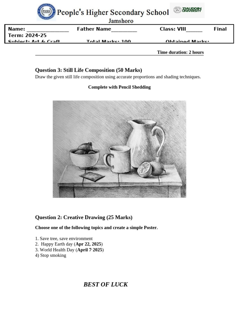 Class - 8 - Drawing - Final Question - Papers | PDF