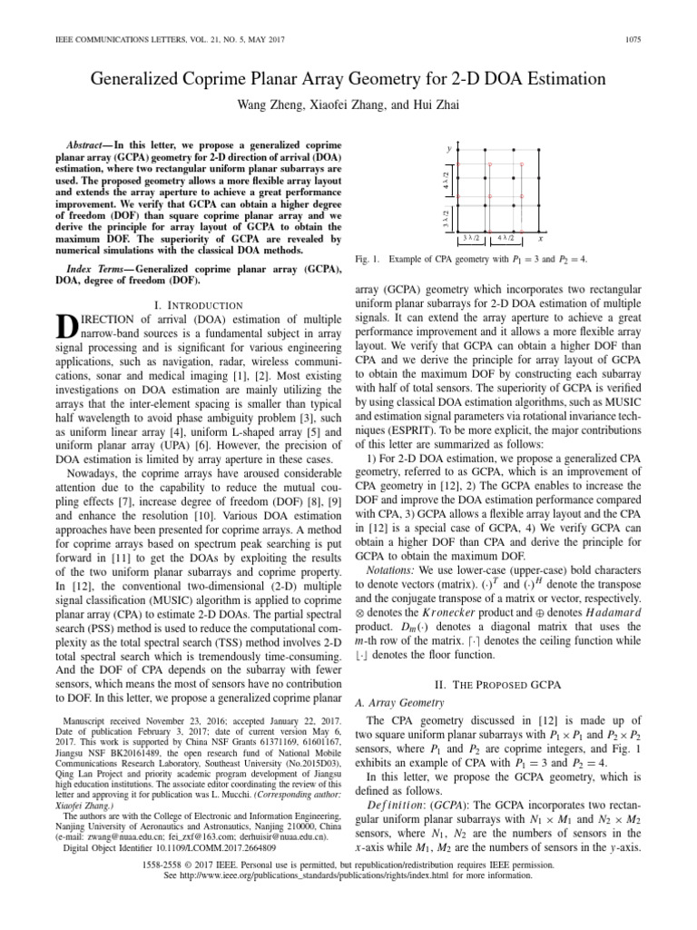 2017 Generalized Coprime Planar Array Geometry for 2-D DOA Estimation ... 2017 Generalized Coprime Planar Array Geometry for 2-D DOA Estimation ...