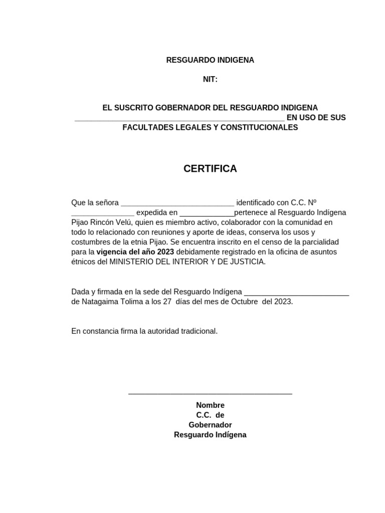 Certificado de Resguardo Indígena 2023 | PDF