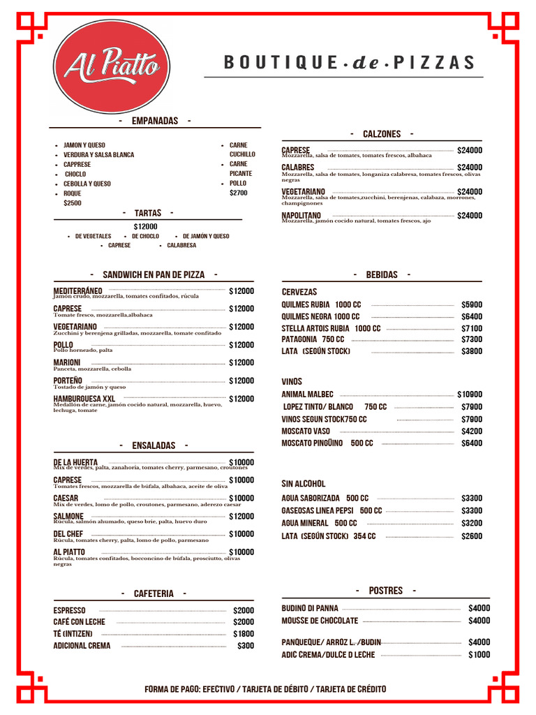 Carta Al Piatto | PDF | Queso Mozzarella | Pizza