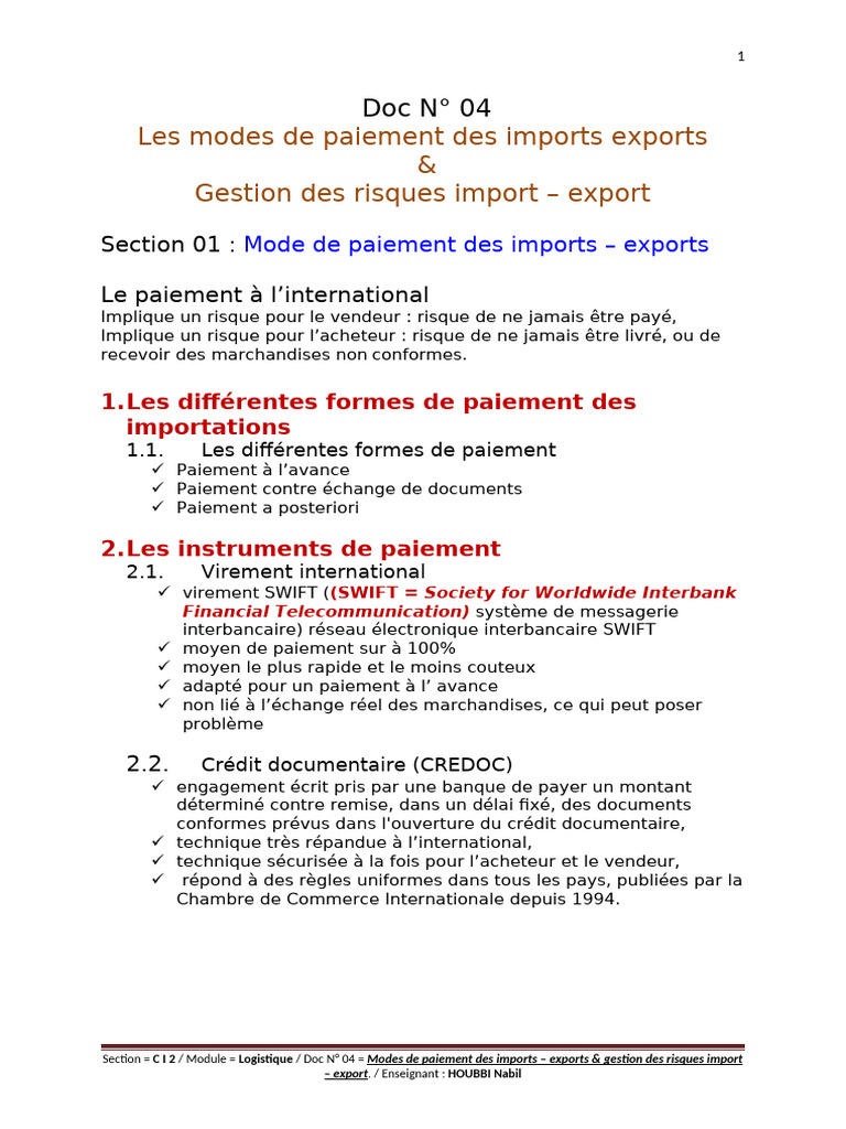 Logistique - Doc N° 04 = Les Modes de paiements et gestion des risques ...