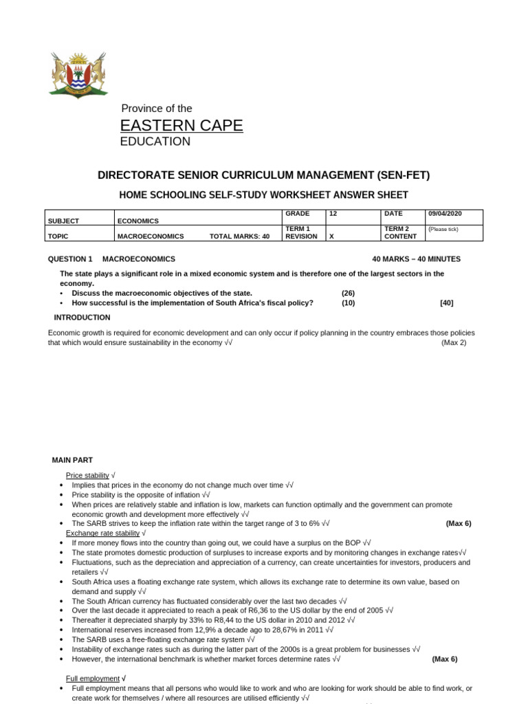 Grade 12 Economics Macro Objectives Worksheet | PDF | Taxes | Exchange Rate