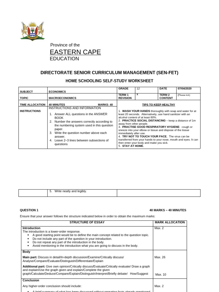 Economics Grade 12 Work Sheet 7 Macroeconomics | PDF
