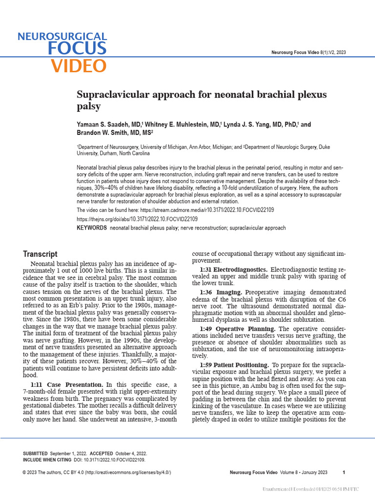 Neurosurg Focus Video Article PV2 | PDF | Shoulder | Nervous System