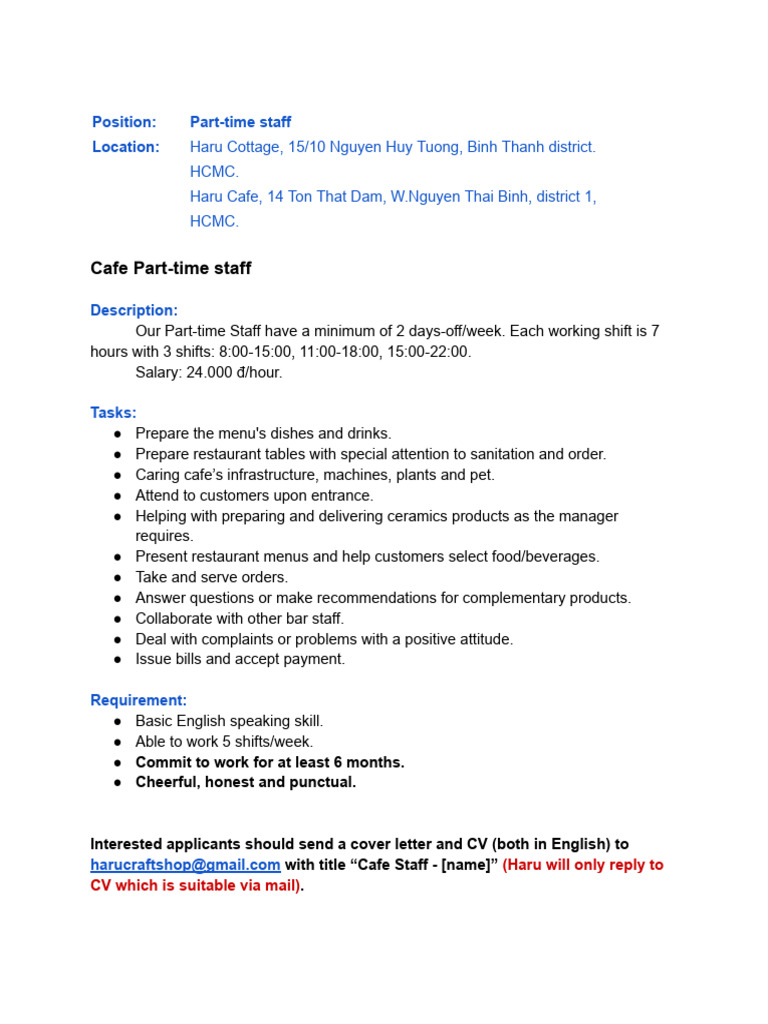 Cafe Part-Time Staff Job Description | PDF