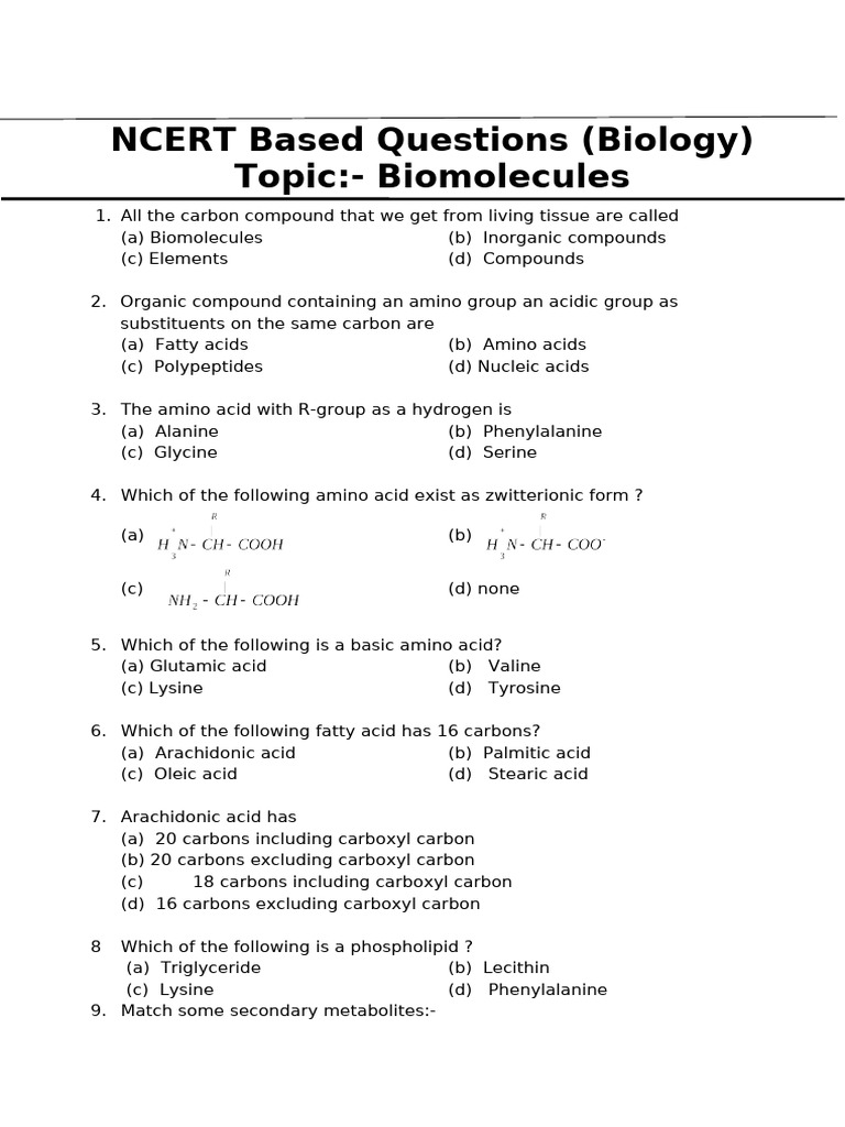 NCERT Biology: Biomolecules Quiz Questions | PDF | Enzyme | Cofactor ...