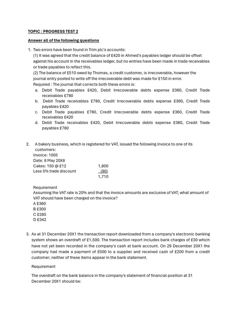Progress Test 2 - Questions | PDF | Debits And Credits | Accounts Payable