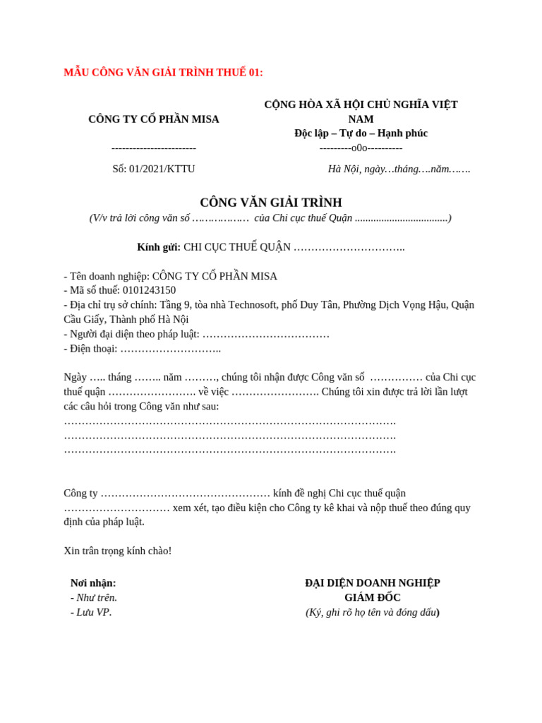 Mau Cong Van Giai Trinh Thue | PDF