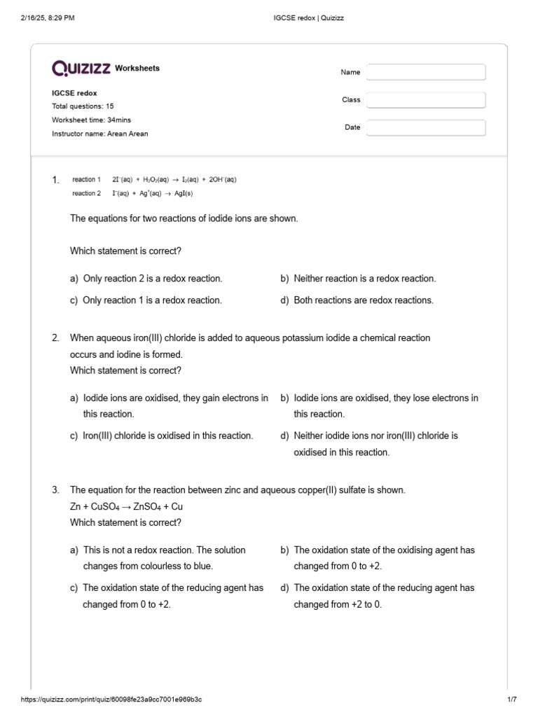 IGCSE Redox Reaction Worksheets | PDF | Redox | Chemical Reactions