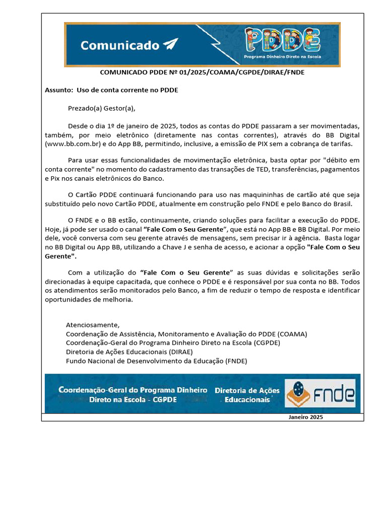 Comunicado N. 01 - 2025 - Novo Cartão PDDE e PIX - Final | PDF