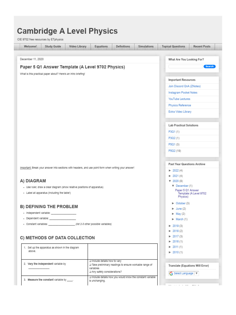Cambridge A Level Physics - Paper 5 Q1 Answer Template (A Level 9702 Physics) | PDF | Applied ...