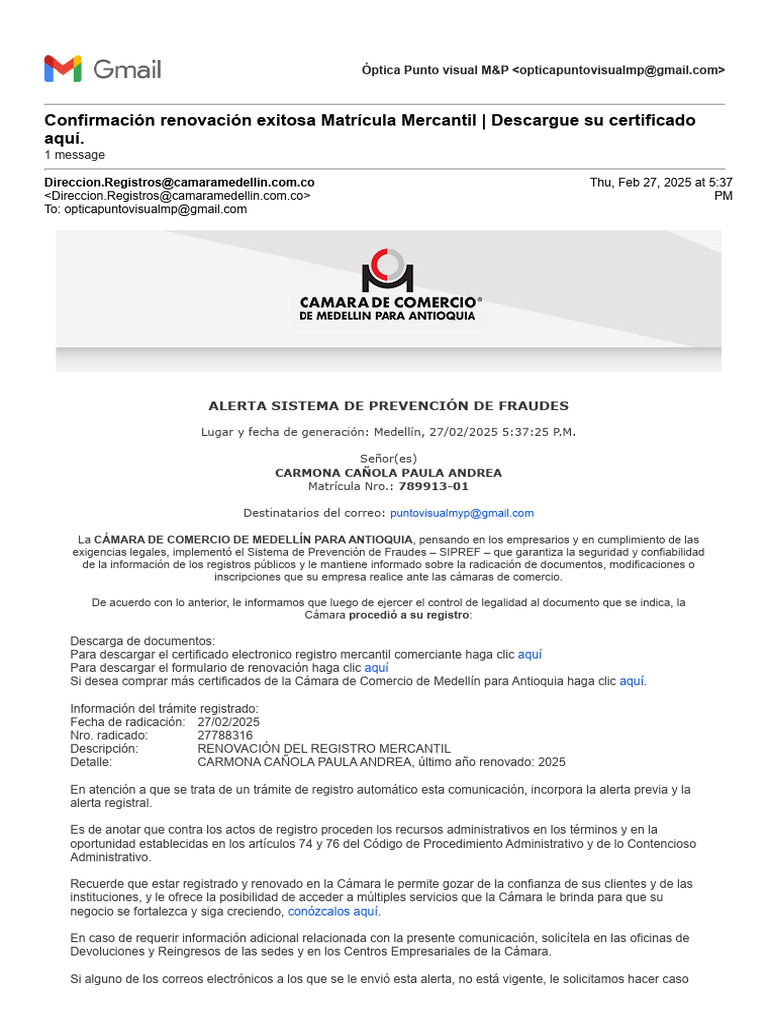 Gmail - Confirmación Renovación Exitosa Matrícula Mercantil - Descargue Su Certificado Aquí ...