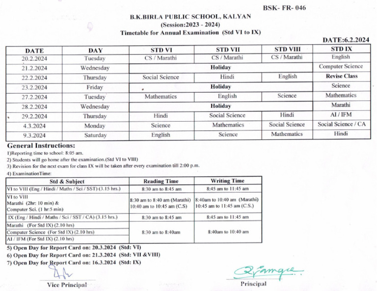 Timetable For Annual Examination STD VI To IX | PDF