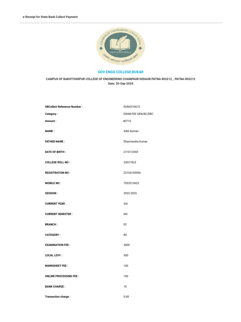 e-Receipt for Exam Fee Payment | PDF