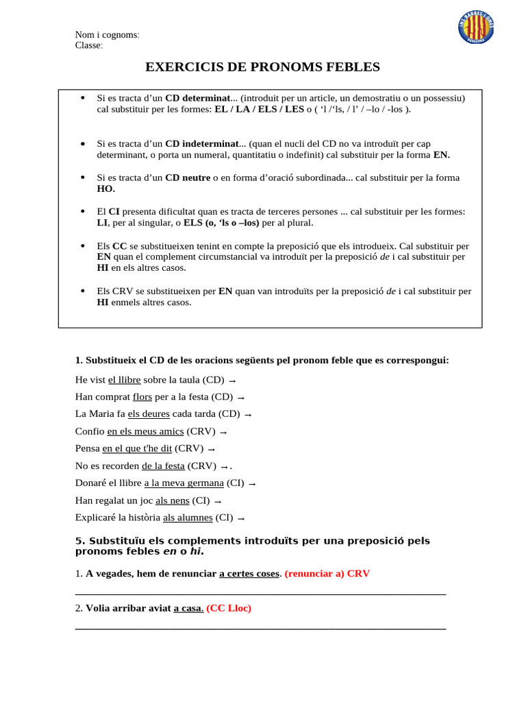 Exercicis de Pronominalització | PDF
