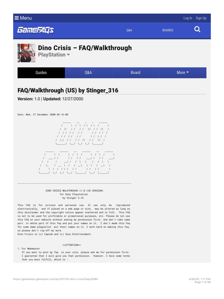 Dino Crisis - FAQ2FWalkthrough - PlayStation - by Stinger - 316 ...