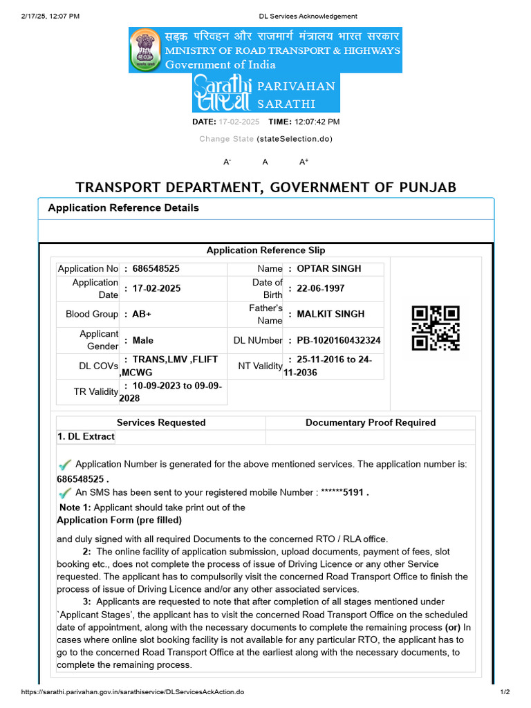 DL Services Acknowledgement | PDF