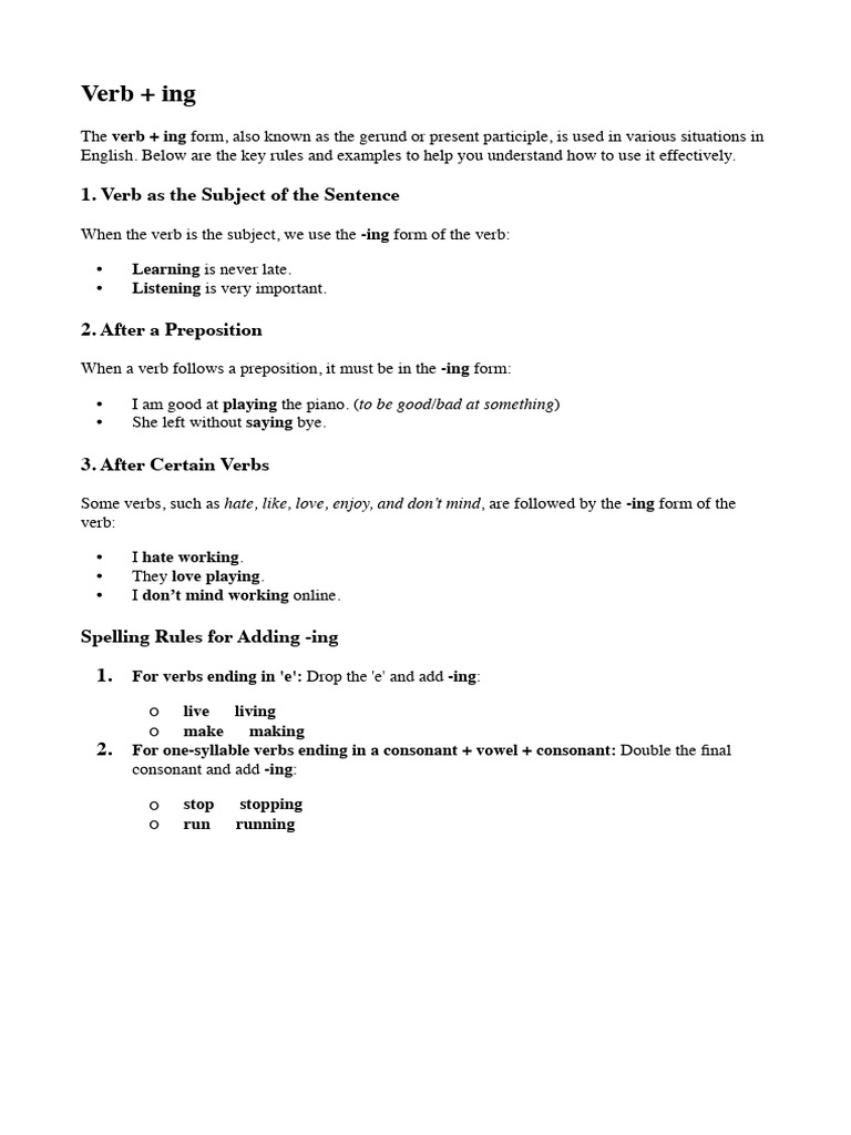 Verb + Ing Form Usage Guide | PDF