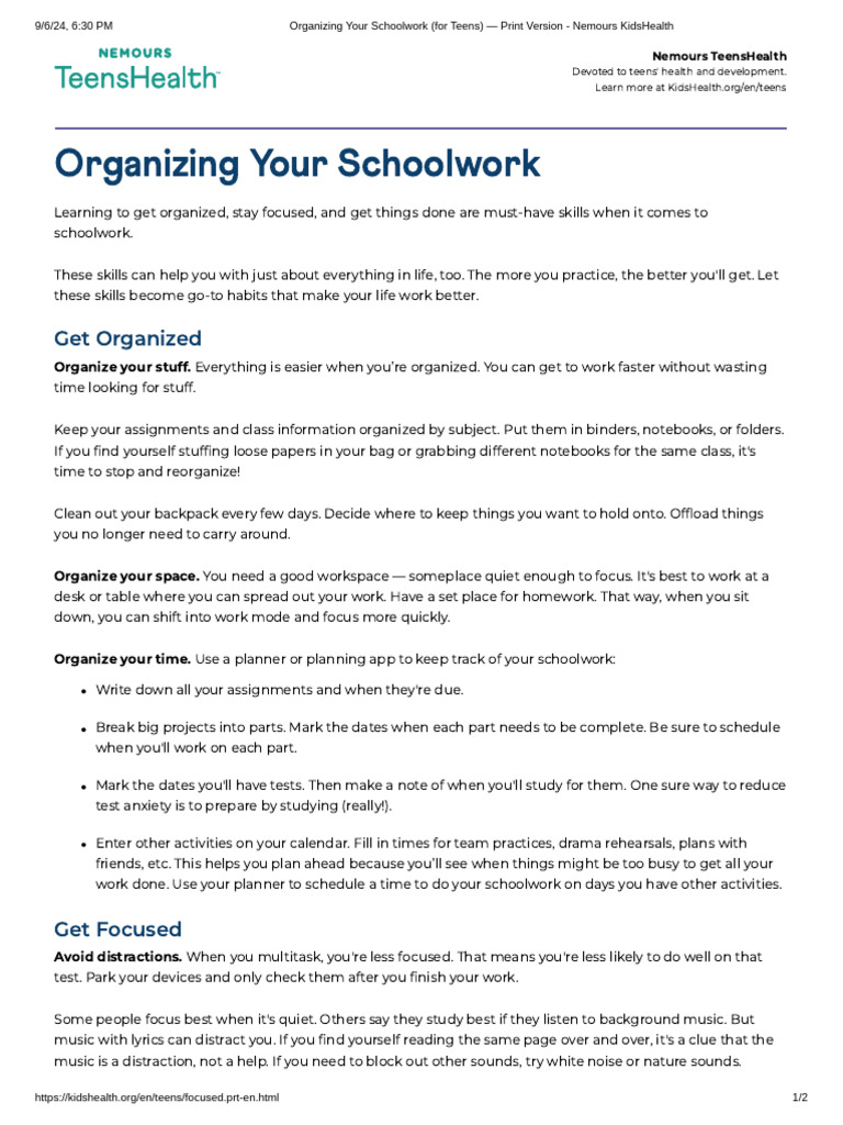 Organizing Your Schoolwork (For Teens) - Print Version - Nemours ...