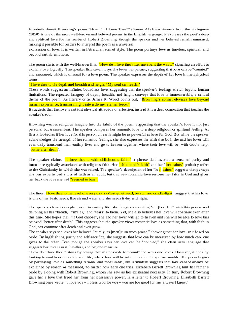 Elizabeth Barrett Browning- How Do i Love Thee | PDF | Love | Poetry