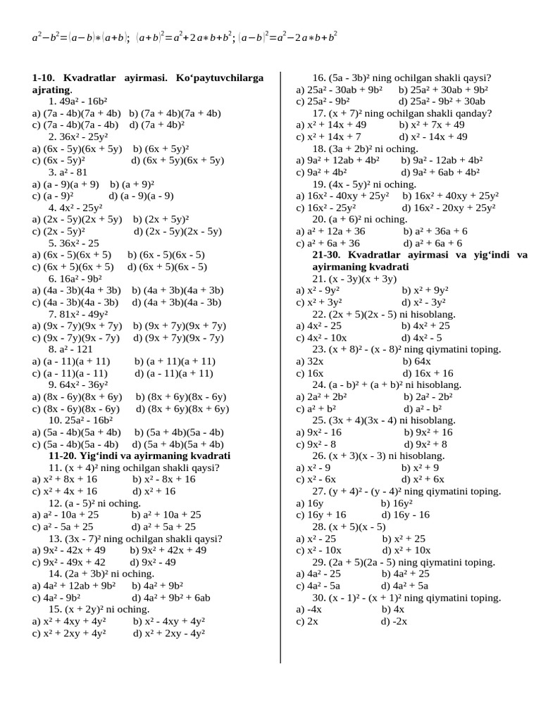 Qisqa Ko'paytirish Formulalari Test1 | PDF