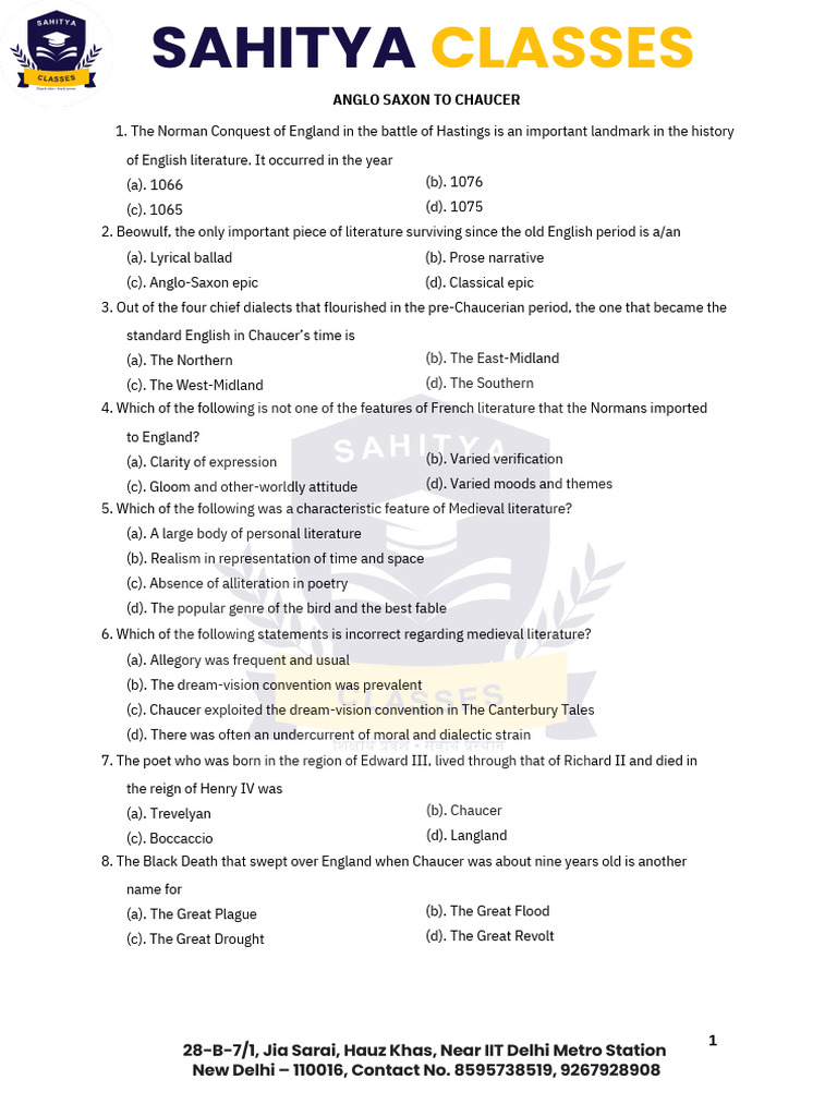 1. Test Paper - ANGLO SAXON TO CHAUCER.pdf | PDF | The Canterbury Tales ...