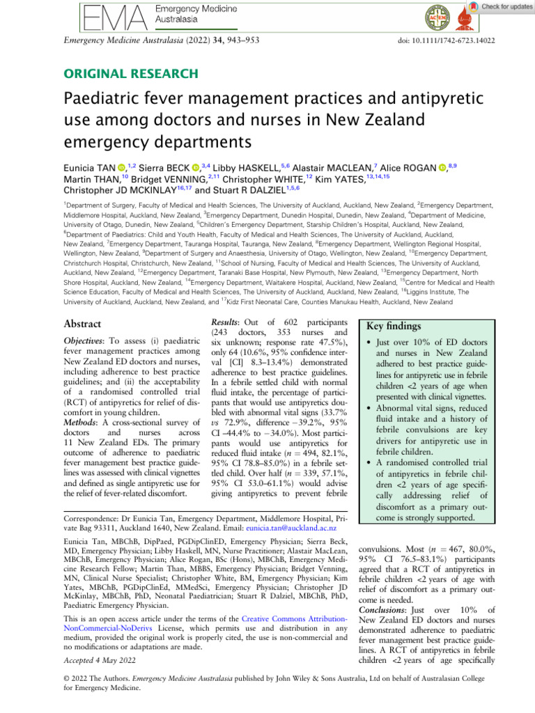 Emerg Medicine Australasia - 2022 - Tan - Paediatric Fever Management Practices and Antipyretic ...