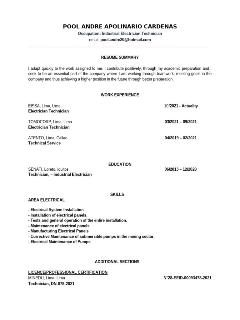 Industrial Electrician Resume: Andre Cardenas | PDF