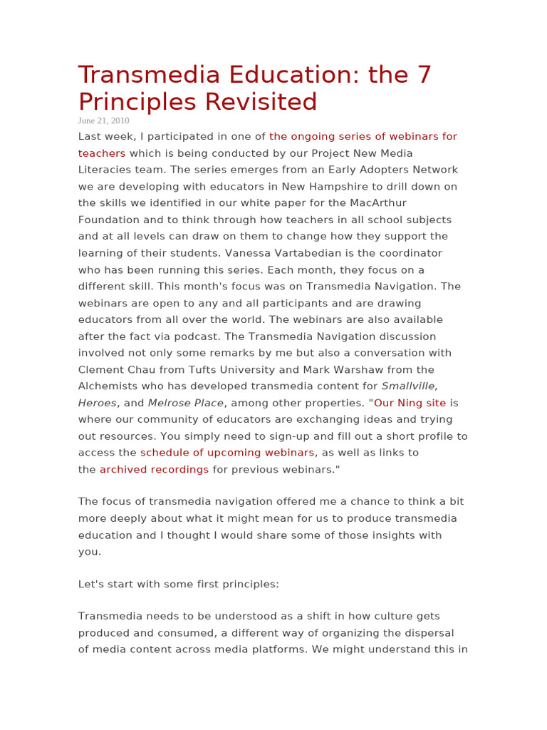 Medios Expresivos Audiovisuales 2 - Transmedia Education - Seven Principes - Jenkins | PDF ...