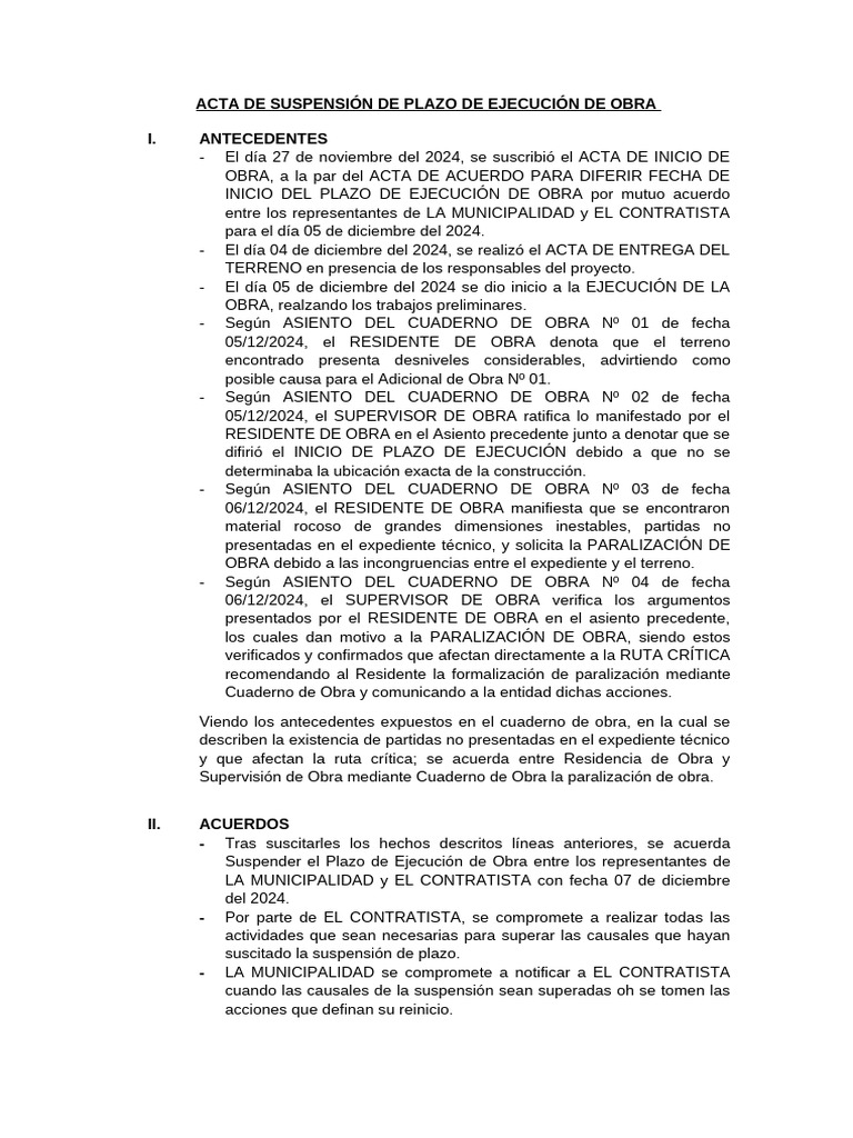 Acta de Suspensión de Plazo de Ejecución de Obra | PDF