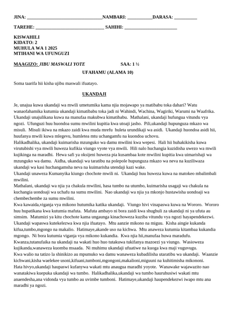 2025 Kiswahili F2 QS T1 Exam 1 Teacher - Co - Ke | PDF