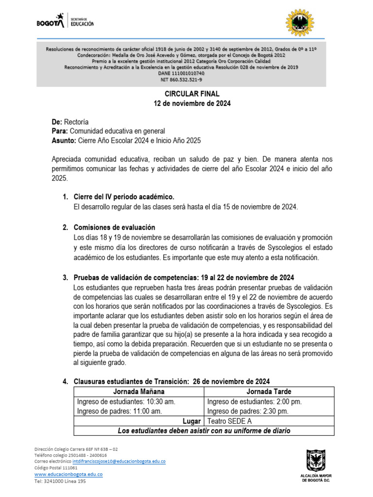Cierre Escolar 2024 y Inicio 2025 IED Caldas | PDF
