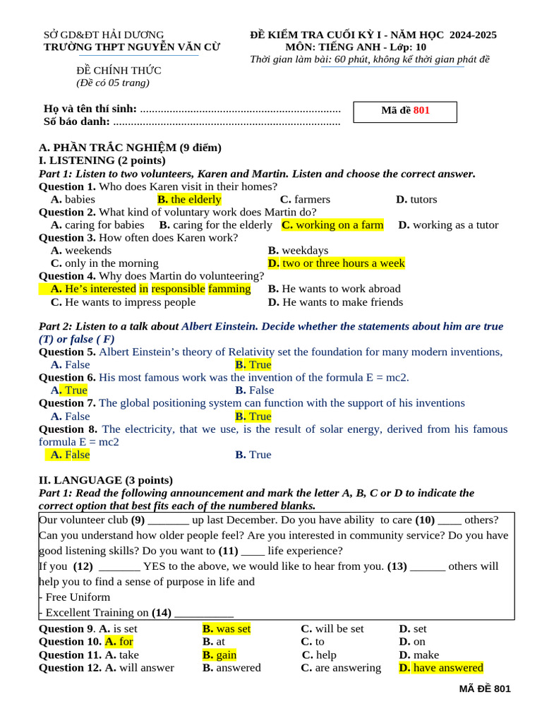 MÃ ĐỀ 801-KTRA CUOI HK1 ANH 10 (24-25) | PDF | Robot | Robotics