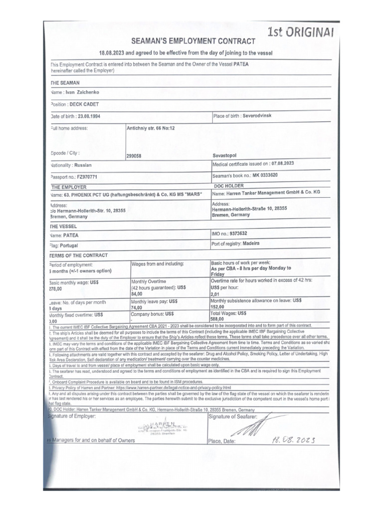 Seaman's Employment Contract | PDF