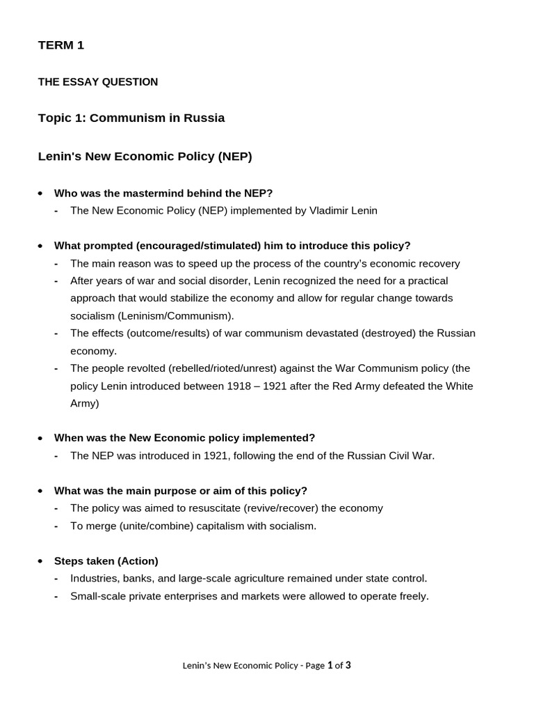 Topic 1.communism in Russia - Lenin's NEP Guiding Notes | PDF ...