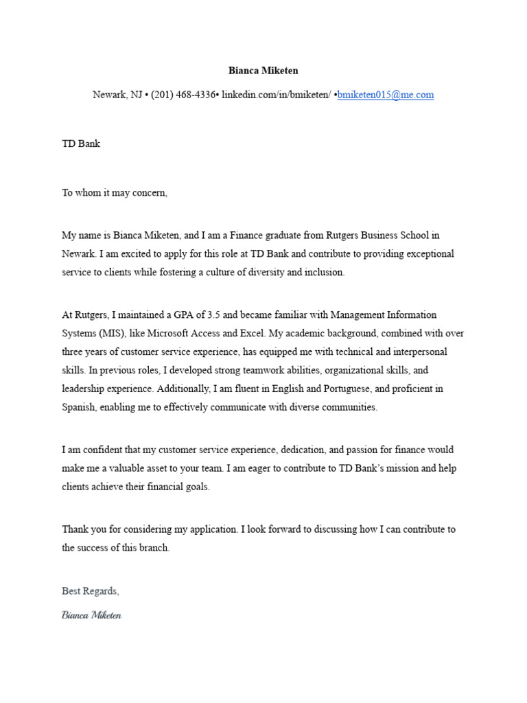 Finance Graduate Application to TD Bank | PDF