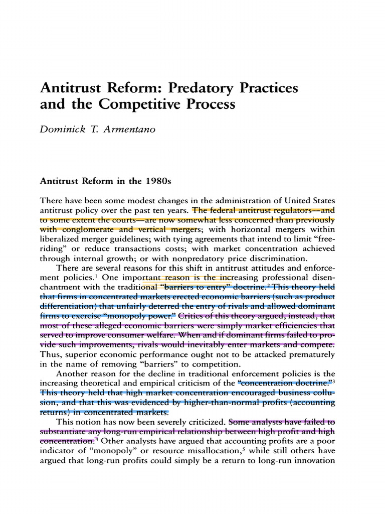 Antitrust Reform, Predatory Practices and The Competitive Process ...