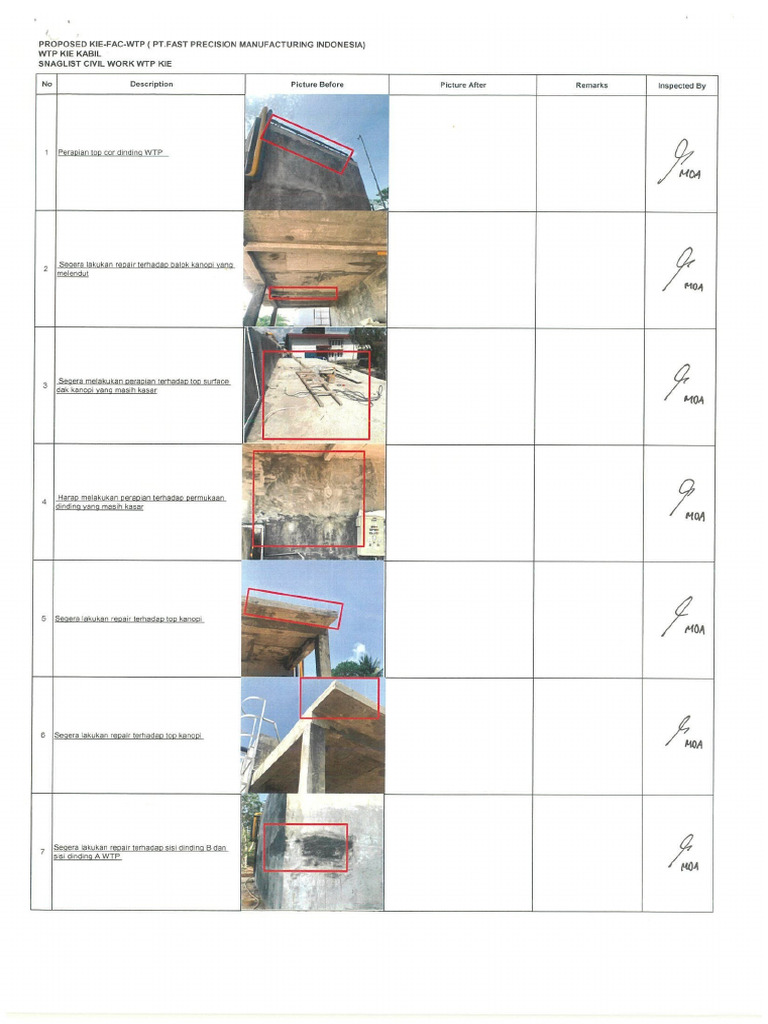 Snag list civil work WTP 01 | PDF