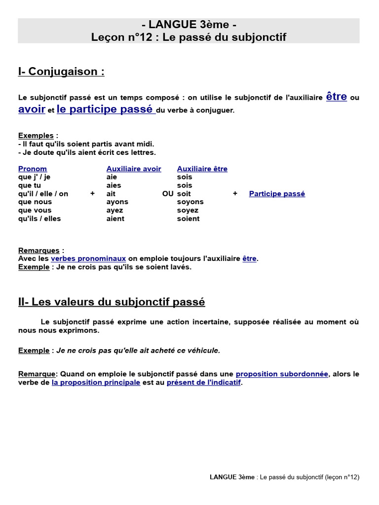 Passé du subjonctif en français | PDF