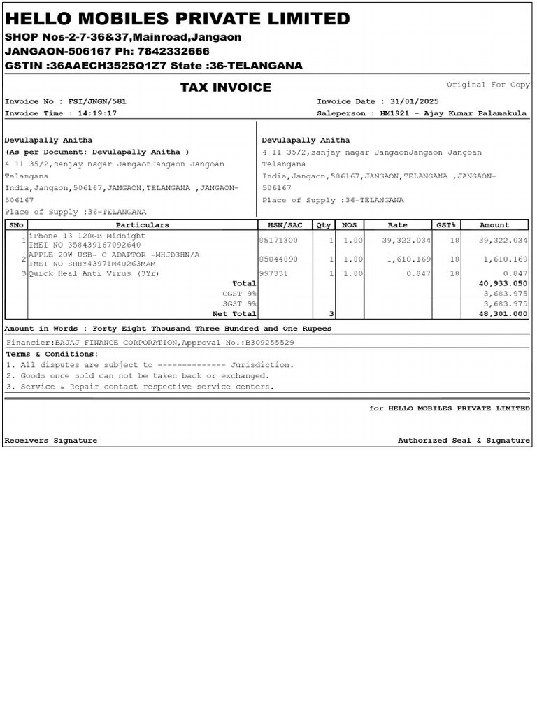 Invoice Fsi JNGN 581 | PDF
