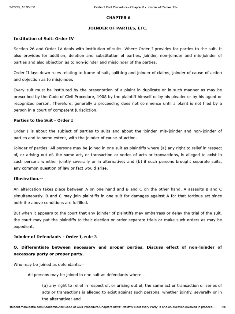 Civil Procedure: Joinder of Parties | PDF | Lawsuit | Joinder
