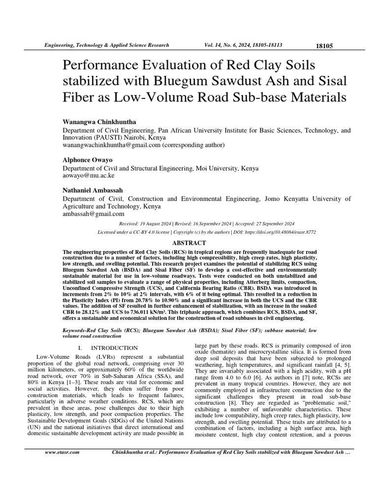 Performance Evaluation of Red Clay Soils Stabilized With Bluegum Sawdust Ash and Sisal Fiber As ...
