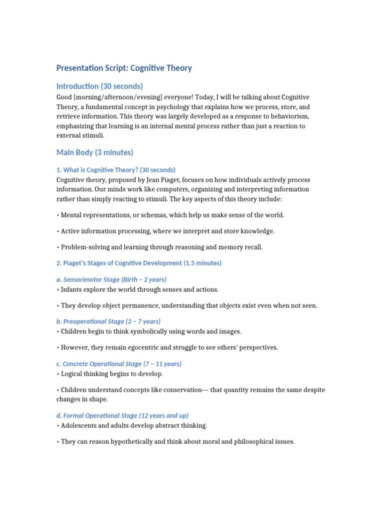 Cognitive Theory Presentation Script | PDF | Cognition | Schema ...