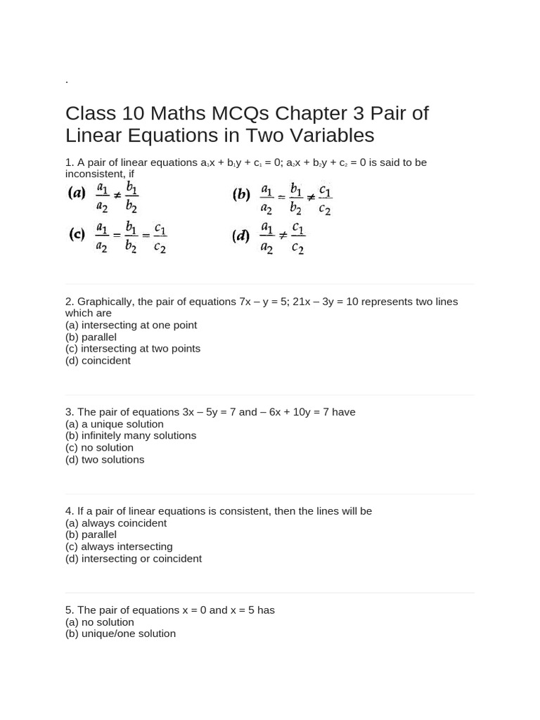 Class 10 Maths MCQs Chapter 3 Pair of Linear Equations in Two Variables | PDF | Equations ...